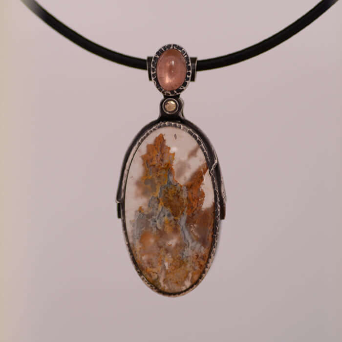 One of a Kind Silver "Sunstone Nebula" Pendant-Plume Agate